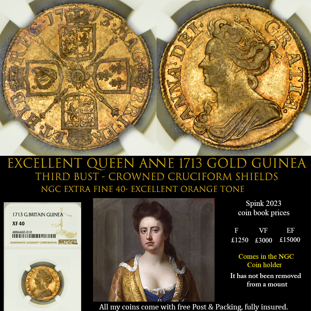 QUEEN ANNE 1713 FULL GOLD GUINEA LOVELY TONING