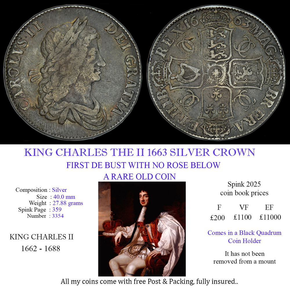 KING CHARLES THE II 1663 SILVER CROWN
