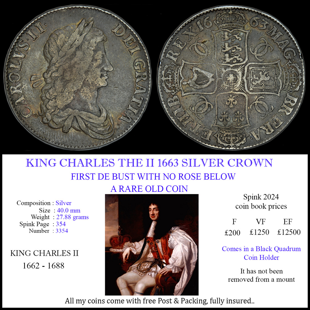 KING CHARLES THE II 1663 SILVER CROWN