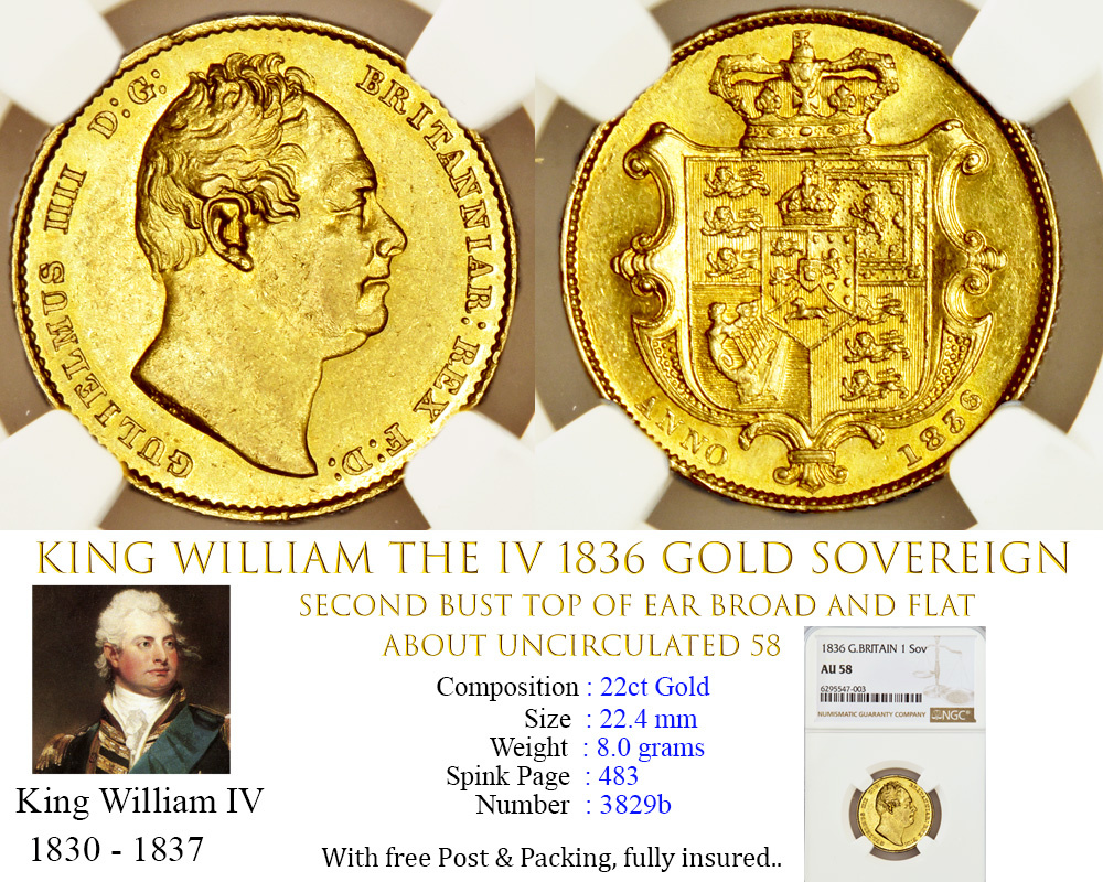 EXCELLENT KING WILLIAM THE IV 1836 GOLD SOVEREIGN
